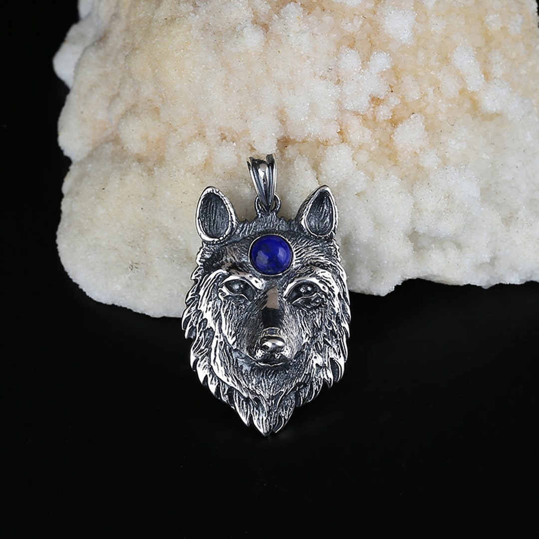 Wild Wolf Necklace for Men, Wolf Head Pendant, Silver Lapis Lazuli ...