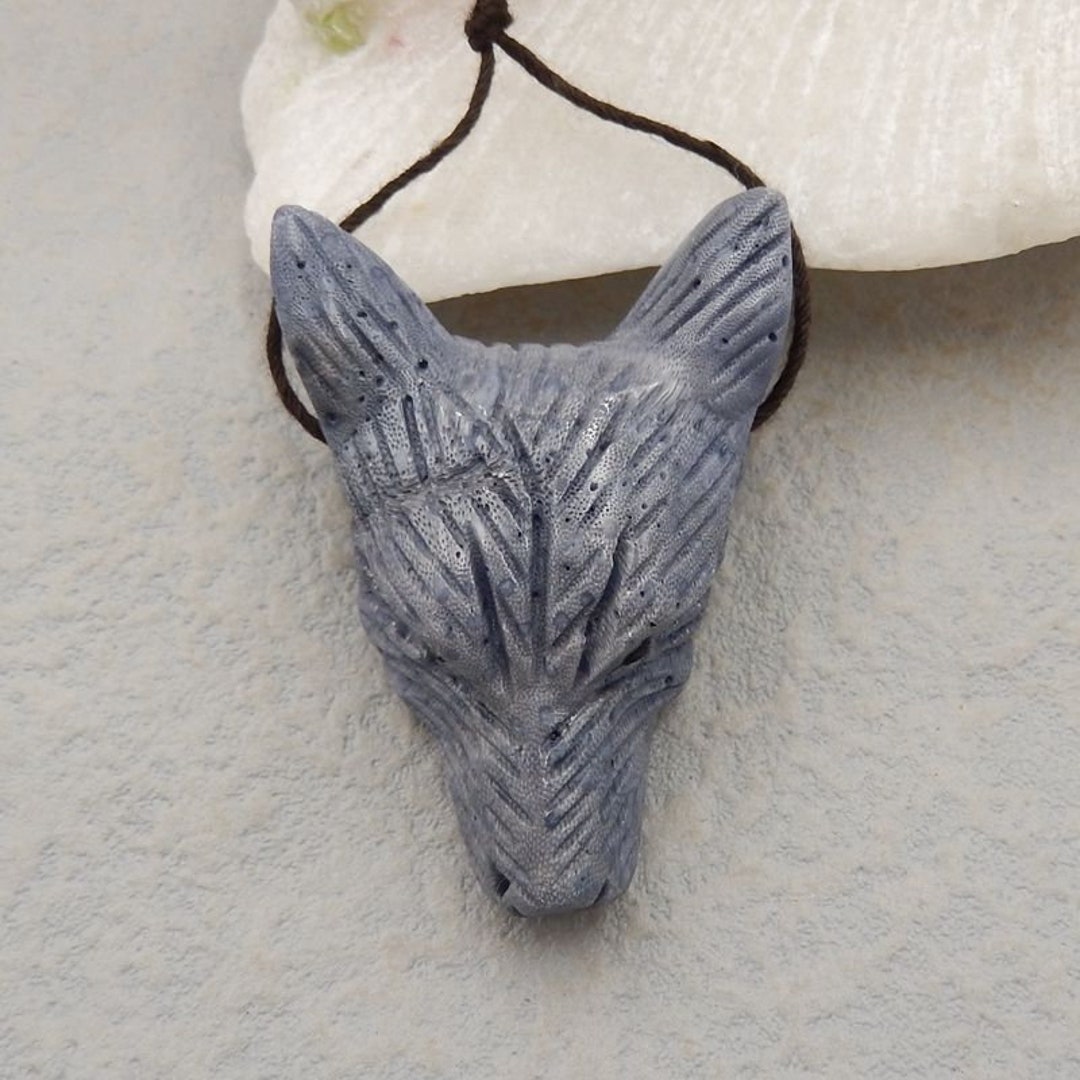 Carved Natural Blue Coral Fossil Wolf Head Pendant Bead, Gemstone ...