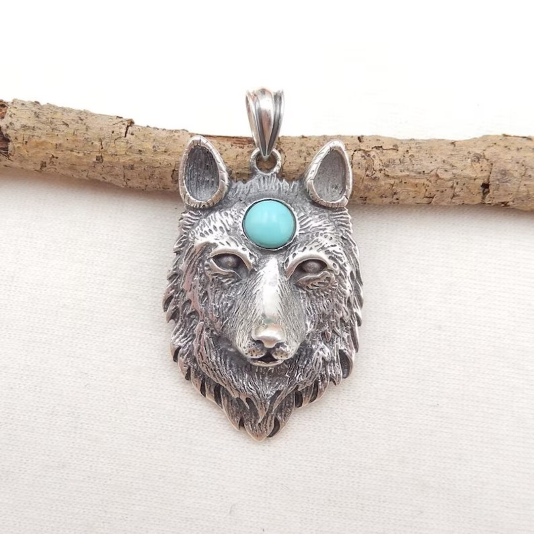 Wild Wolf Necklace for Men, Wolf Head Pendant, Silver Natural Turquoise ...