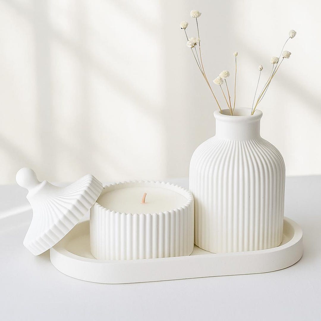 Handmade Soy Wax Candle Gift Set: Eco Gypsum Tray & Vase - Boho Home ...