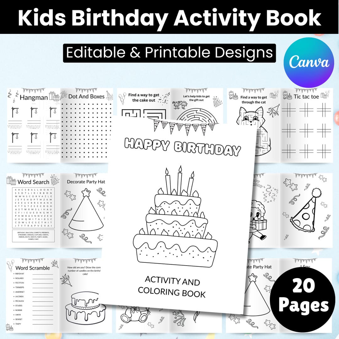 20 Kids Birthday Activity Book, Kids Activity Birthday Game, Birthday ...
