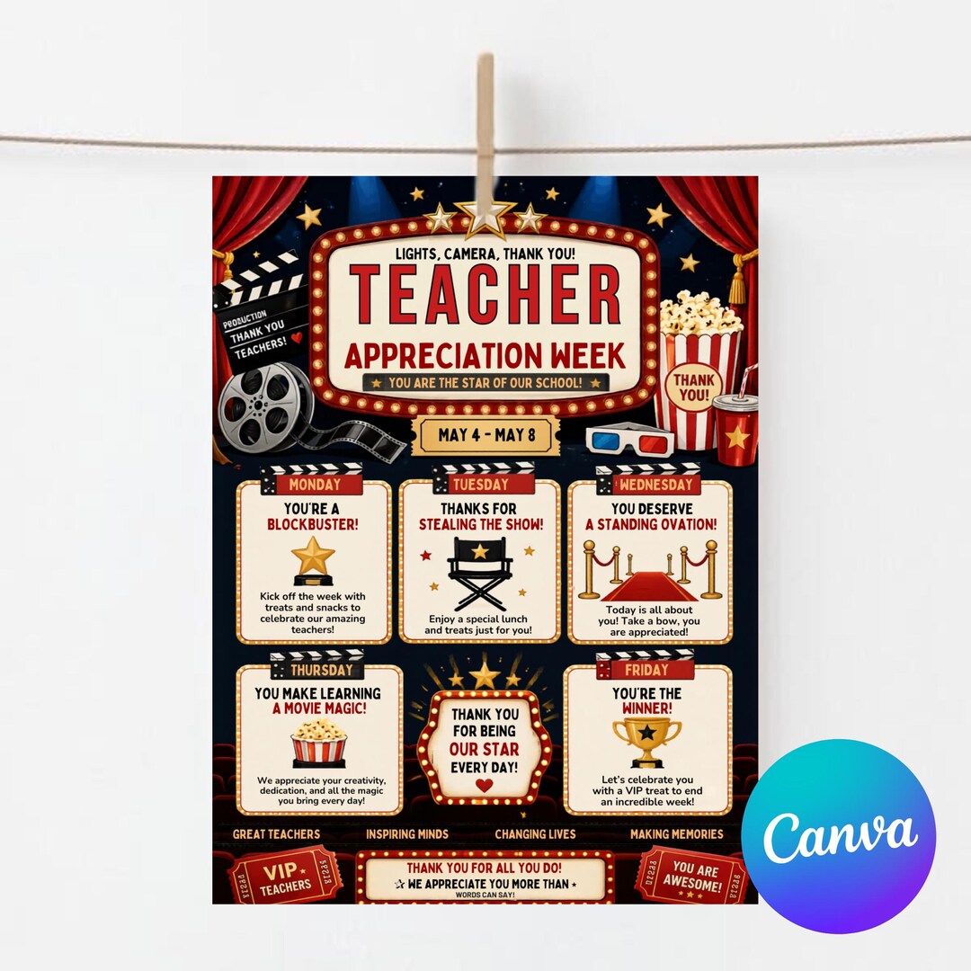 Editable Hollywood Movie Theme Teacher Appreciation Bundle, Cinema ...