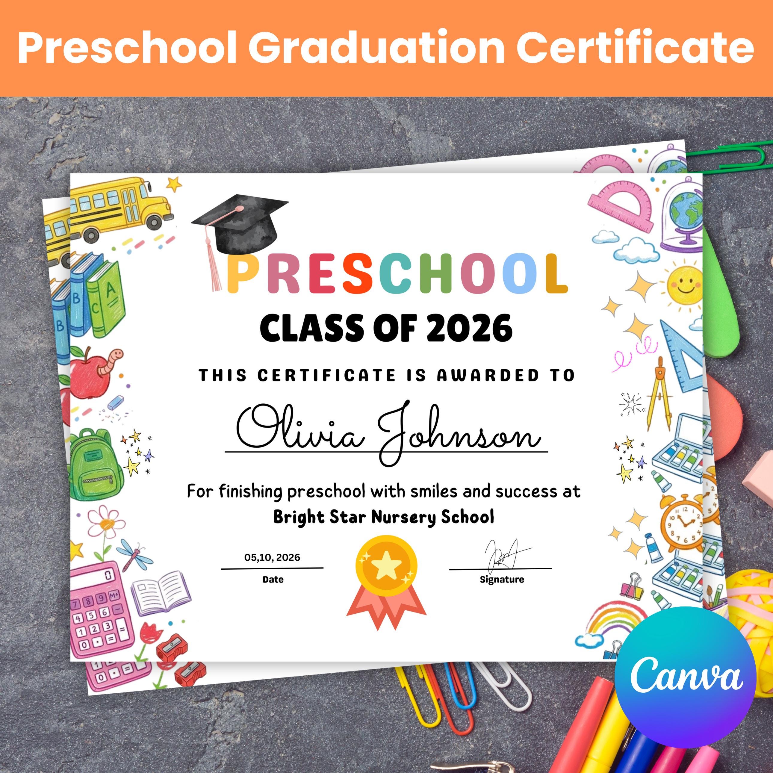 Preschool Graduation Certificate Template, Canva Editable Prek Grad ...