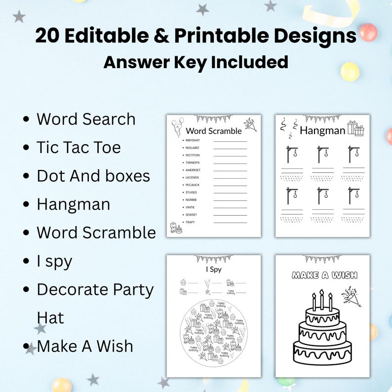 20 Kids Birthday Activity Book, Kids Activity Birthday Game, Birthday ...