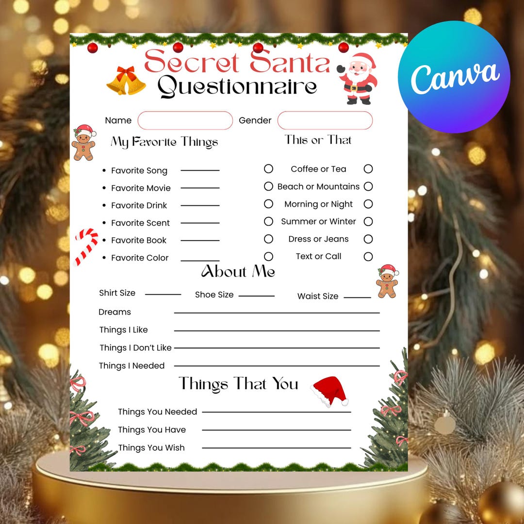 Secret Santa Questionnaire Canva Editable Christmas Gift Exchange, Co ...