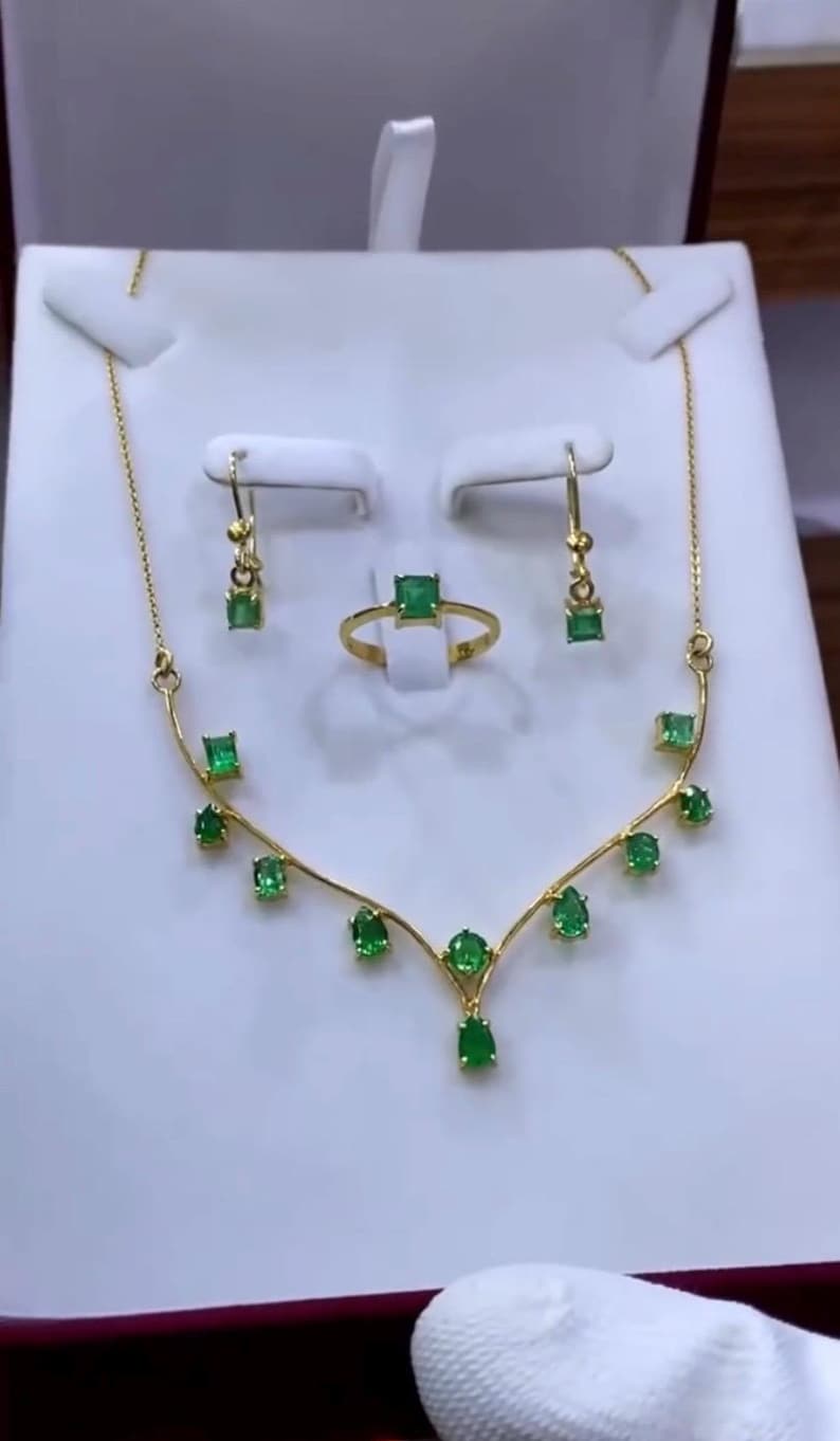 18K Gold Panjshir Emerald Jewelry Set, Handmade Necklace Earrings Ring ...