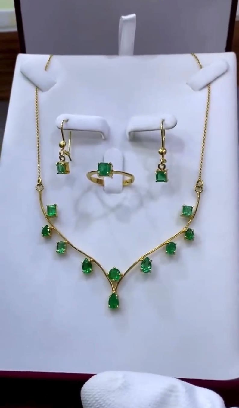 18K Gold Panjshir Emerald Jewelry Set, Handmade Necklace Earrings Ring ...