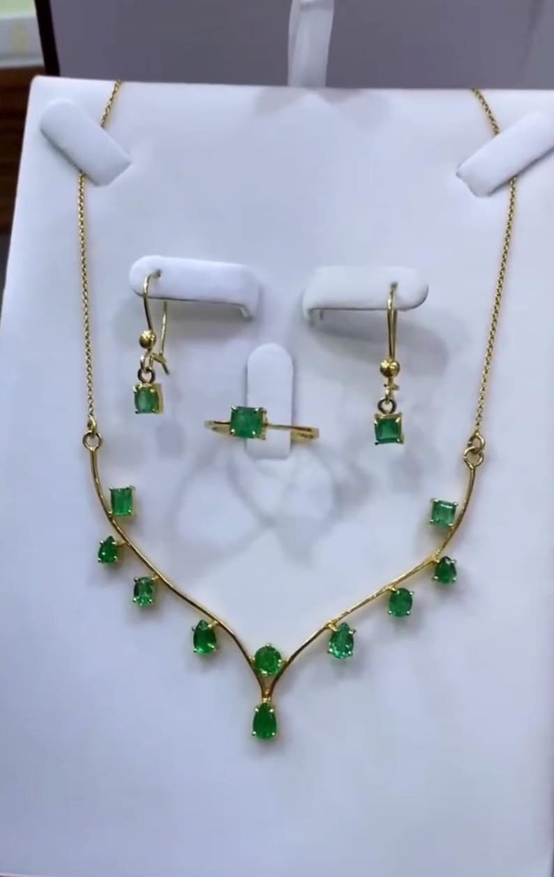 18K Gold Panjshir Emerald Jewelry Set, Handmade Necklace Earrings Ring ...