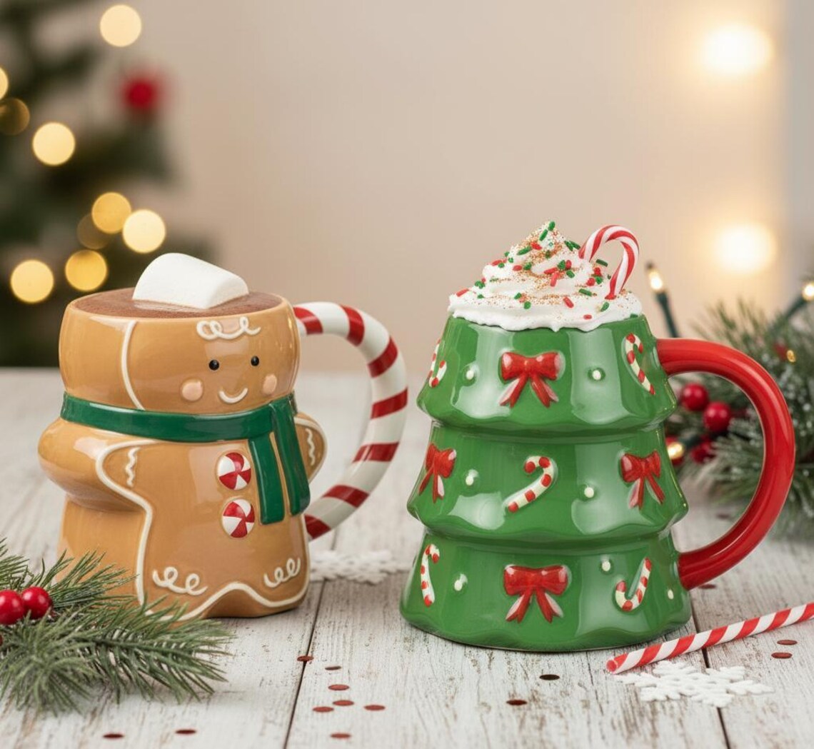 Ceramic Christmas Mugs – Gingerbread Man and Christmas Tree Design ...