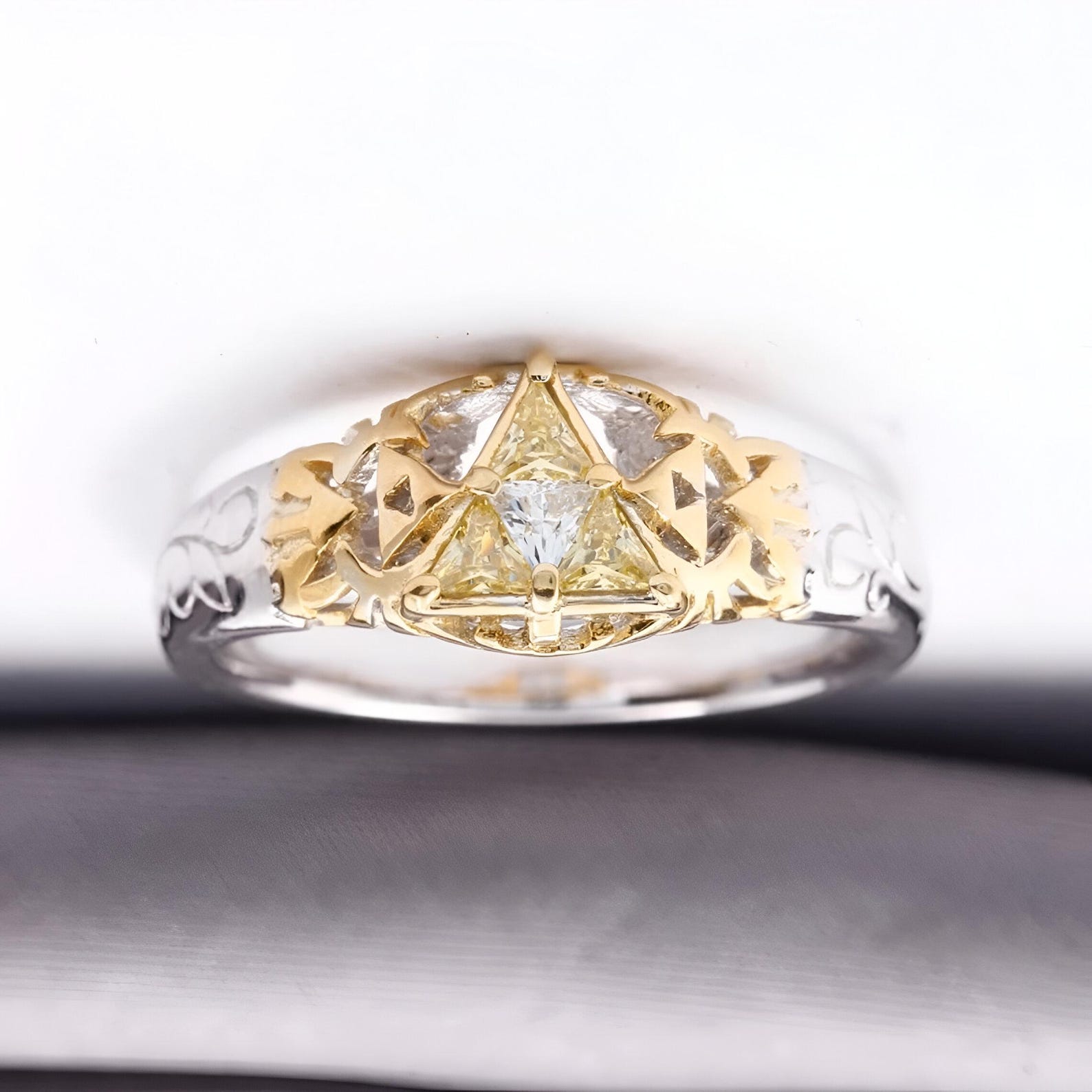 Triforce Inspired Engagement Ring, Two Tone 925 Sterling Silver Fantasy ...