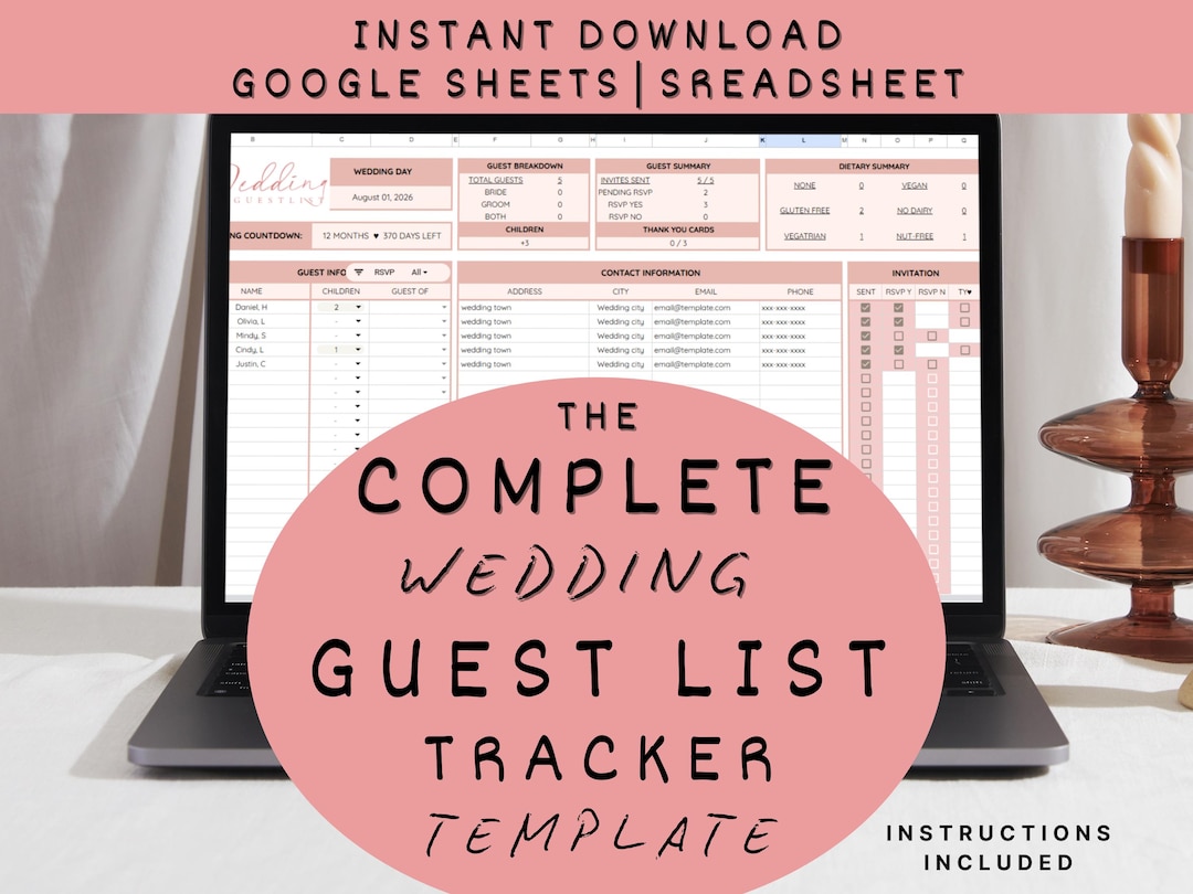 Wedding Guest List Tracker Template Google Sheets Spreadsheet RSVP ...