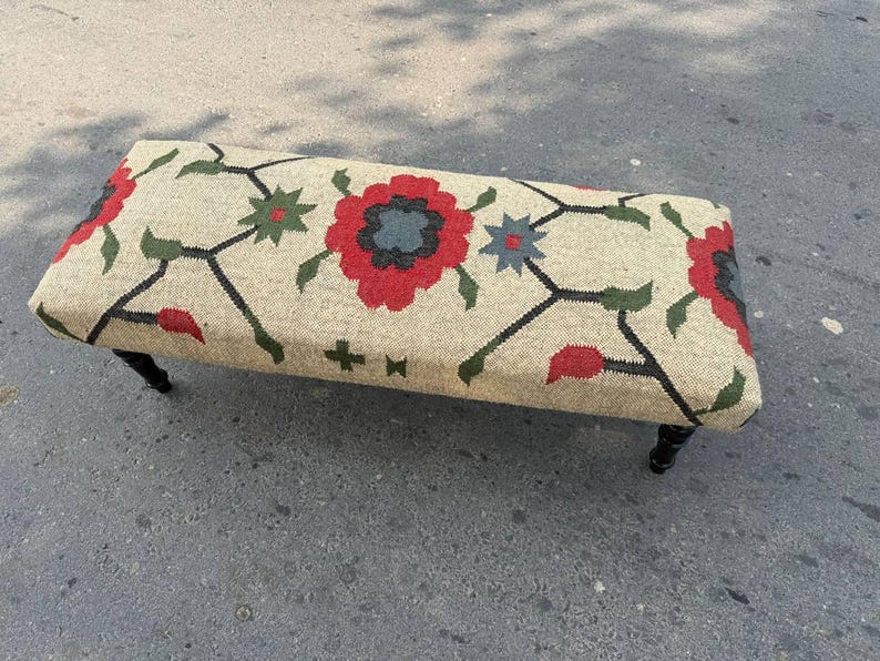Vintage Tapestry Upholstered Bench – Floral Needlepoint Ottoman | Boho ...