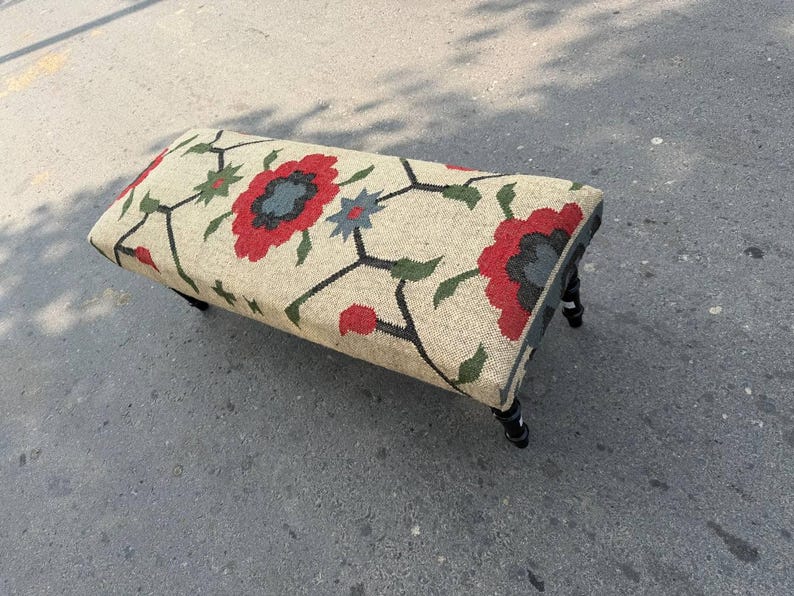 Vintage Tapestry Upholstered Bench – Floral Needlepoint Ottoman | Boho ...