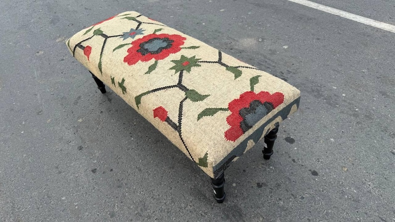 Vintage Tapestry Upholstered Bench – Floral Needlepoint Ottoman | Boho ...