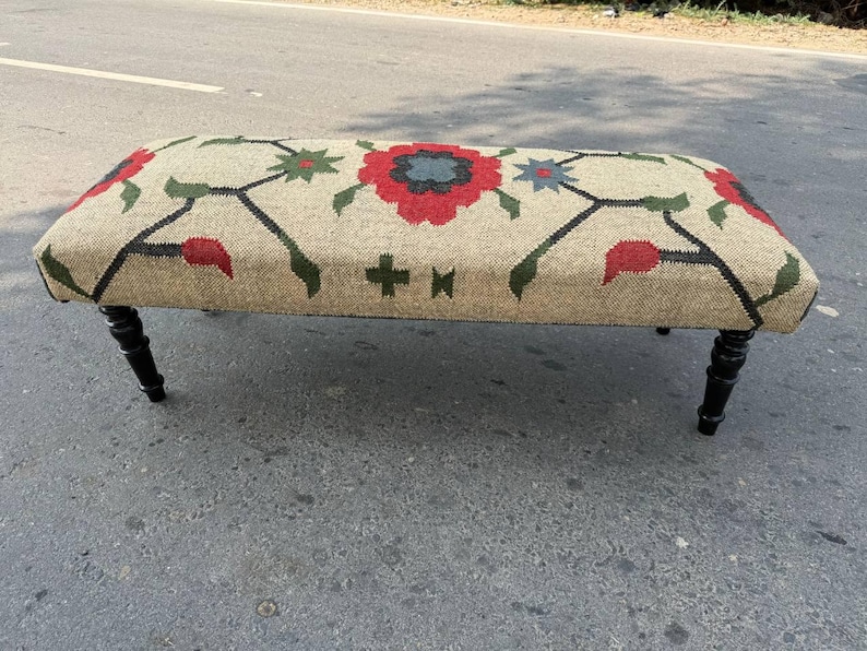 Vintage Tapestry Upholstered Bench – Floral Needlepoint Ottoman | Boho ...