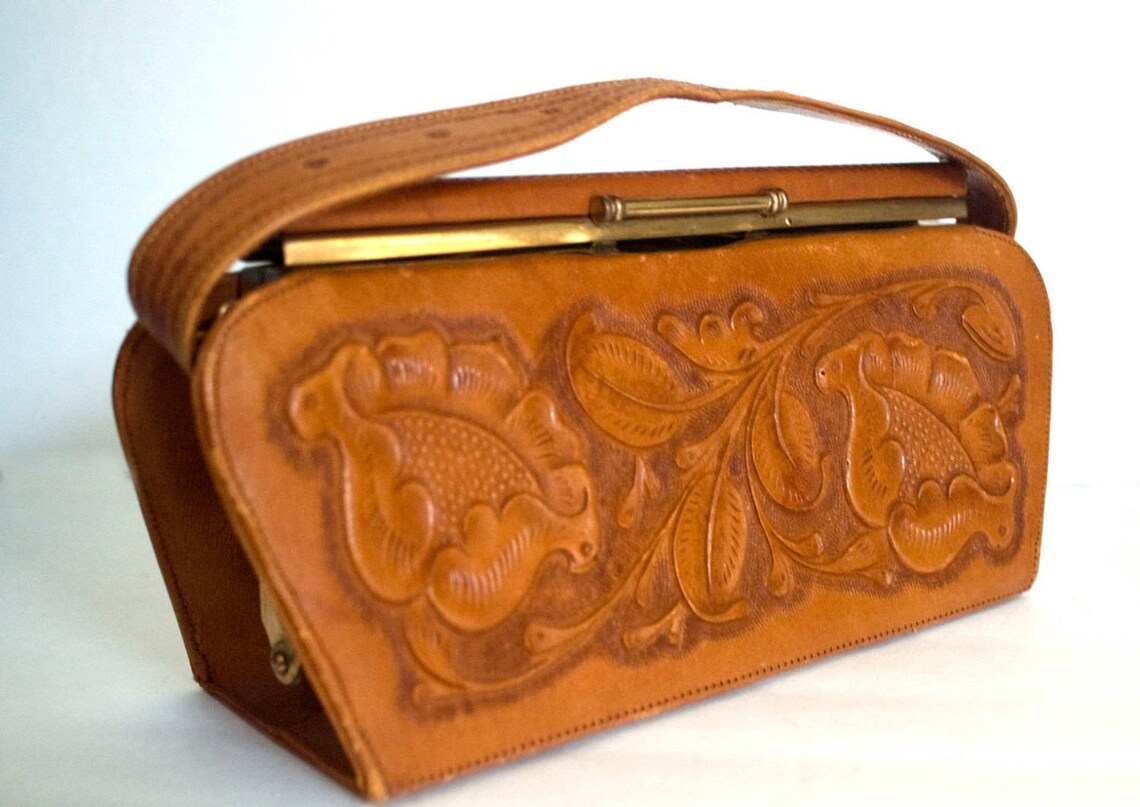Vintage Tooled Leather Handbag, Mexican Floral Design (hardware Defect ...