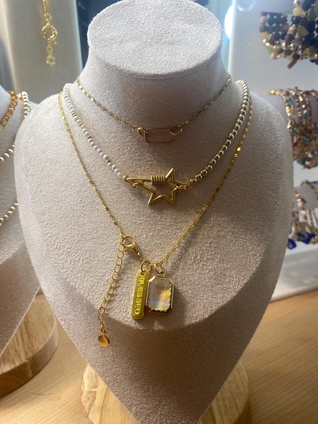 Triple Layered Bundle Set| Curb Chain | Star Carabiner| Pearl| Crystal ...