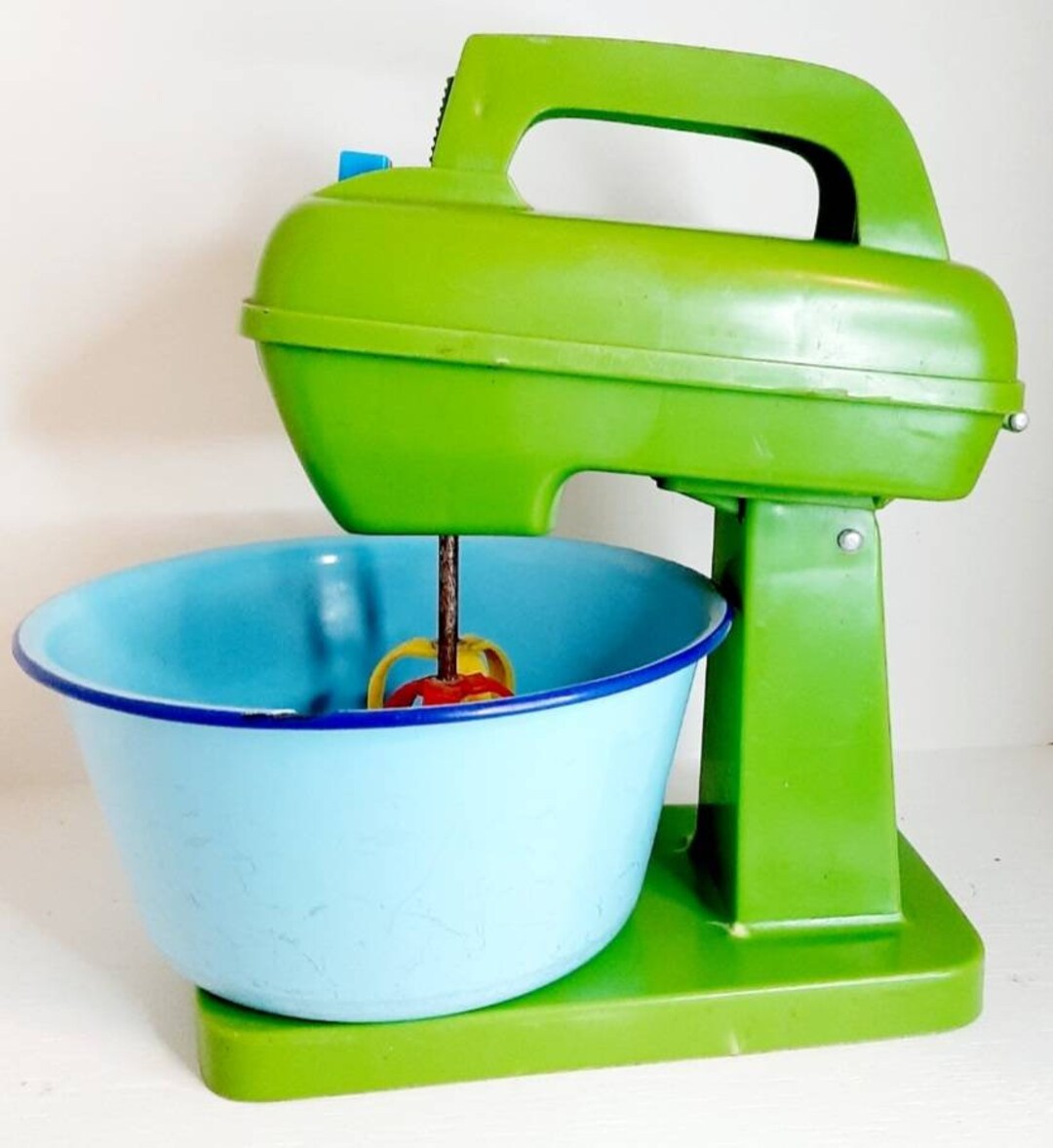 Vintage Play Kitchen Toy Stand Mixer Avocado Green Blue Enamel Bowl ...