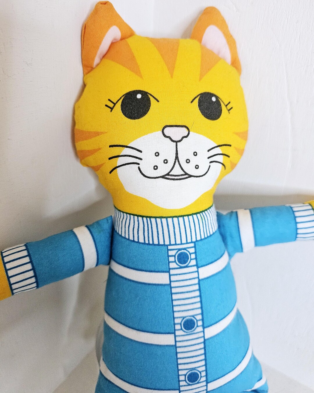 Vintage Hand Made Cut and Sew Ginger Cat Striped Pyjamas Panel Soft Toy ...
