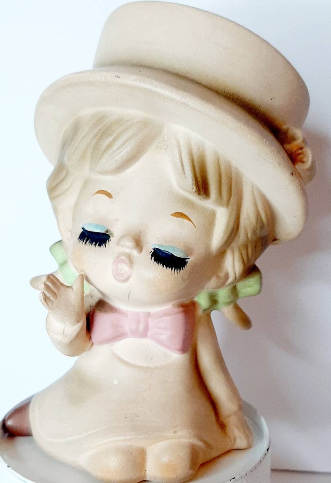 Vintage Kitsch Girl Money Box Gempo Teracotta Eyelash Seated Pigtails ...