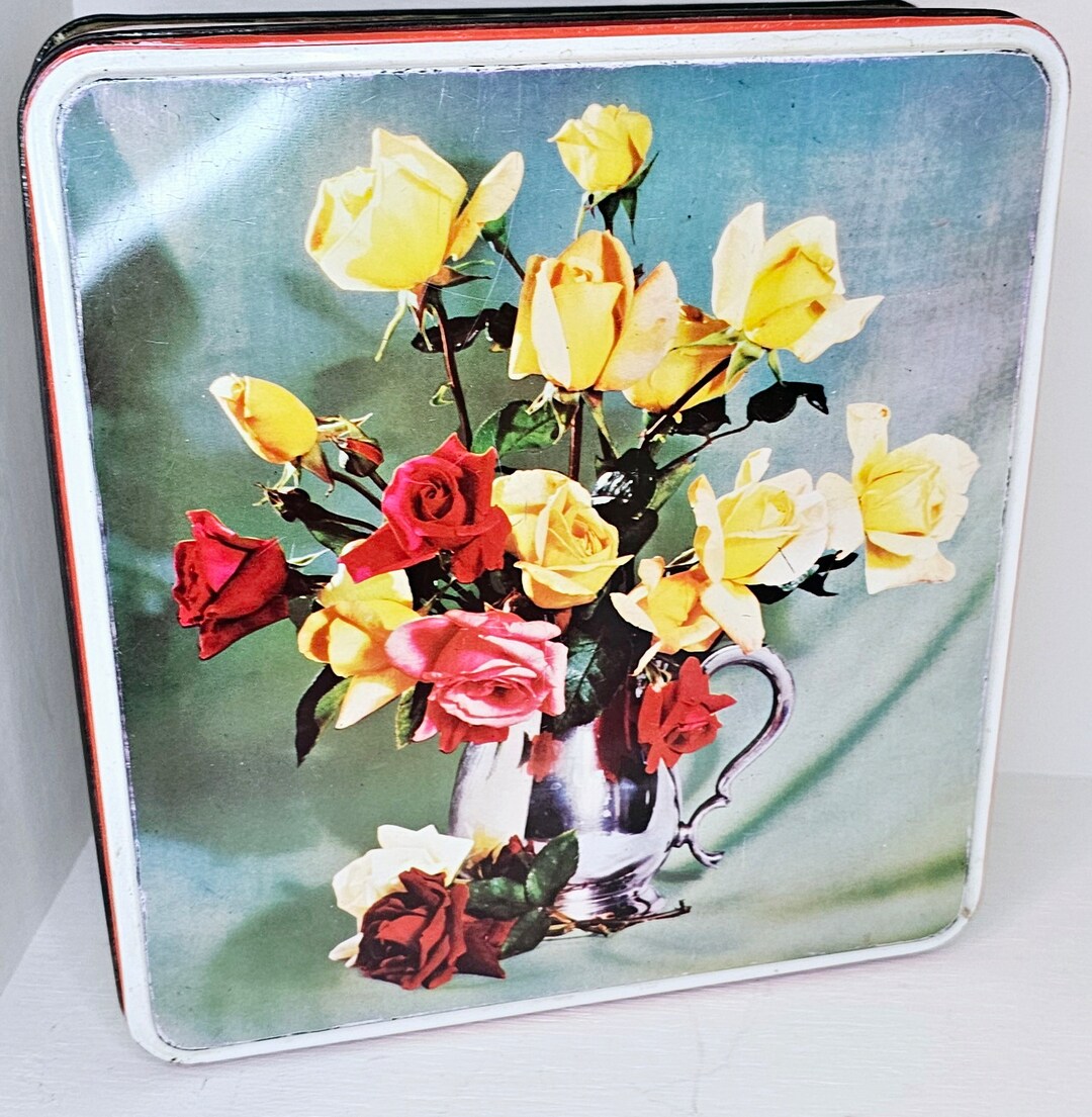 Vintage Elkes Biscuit Cake Tin Floral Roses Kitsch Decor Metal Storage ...