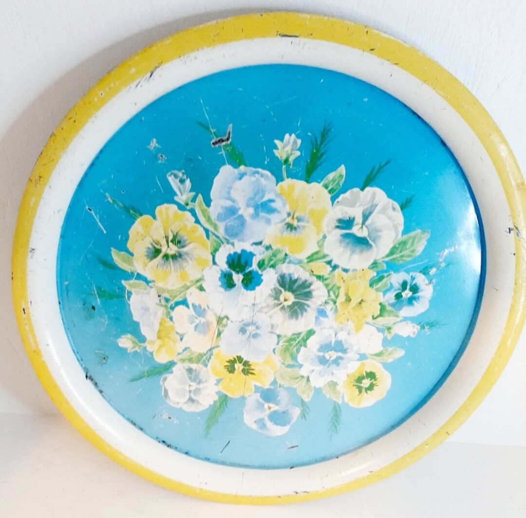 Vintage Enamel Floral Serving Tray Pansies Round Tea Cocktail Kitsch ...