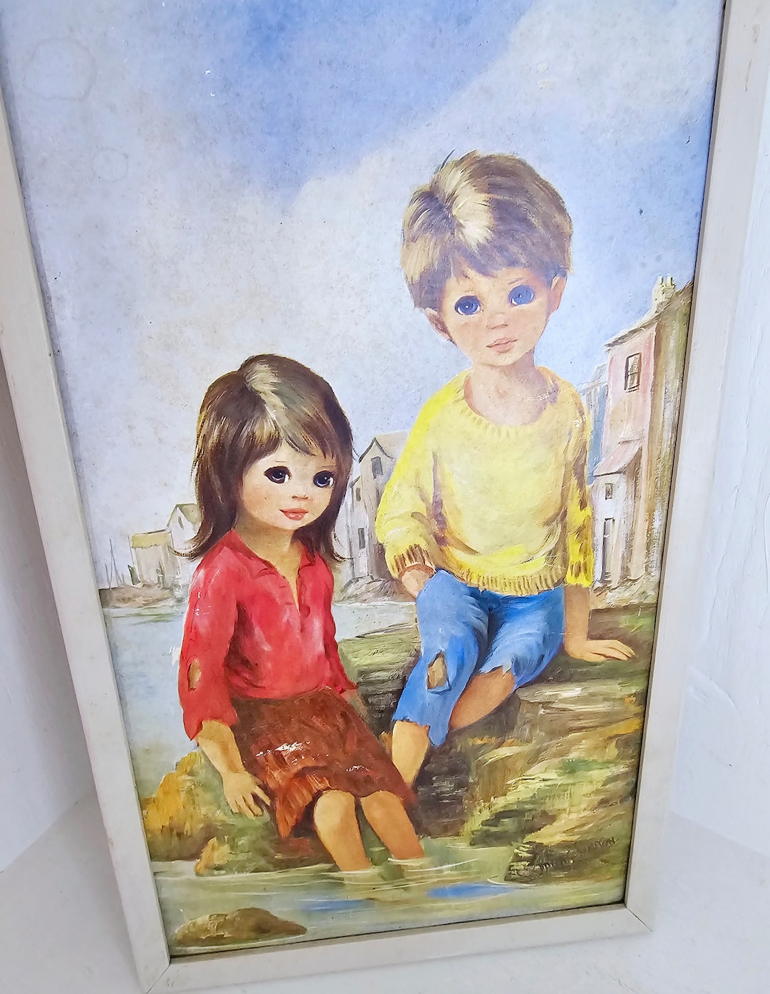 Vintage Art Print Big Eyes Girl Boy Seaside Waifs Kitsch 1960s Dallas ...