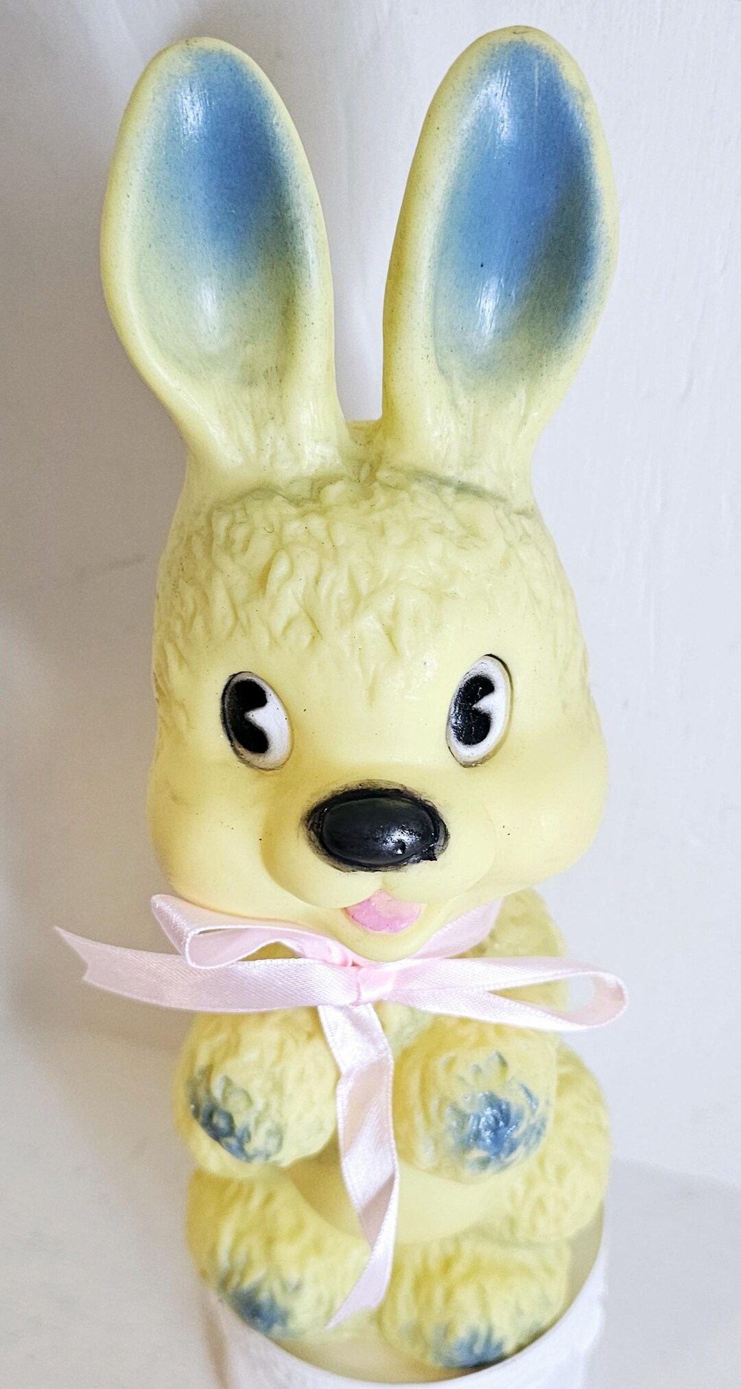 Vintage Rabbit Squeak Toy Pastel Yellow Pink Ribbon Bow Nursery Decor ...