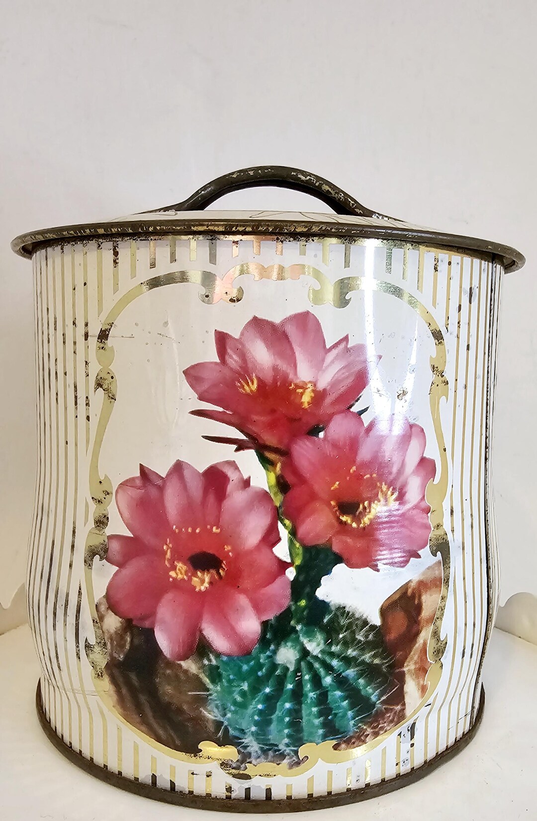 Vintage Kitsch Robur Tea Tin Pastel Floral Cactus Flower Enamel Metal ...