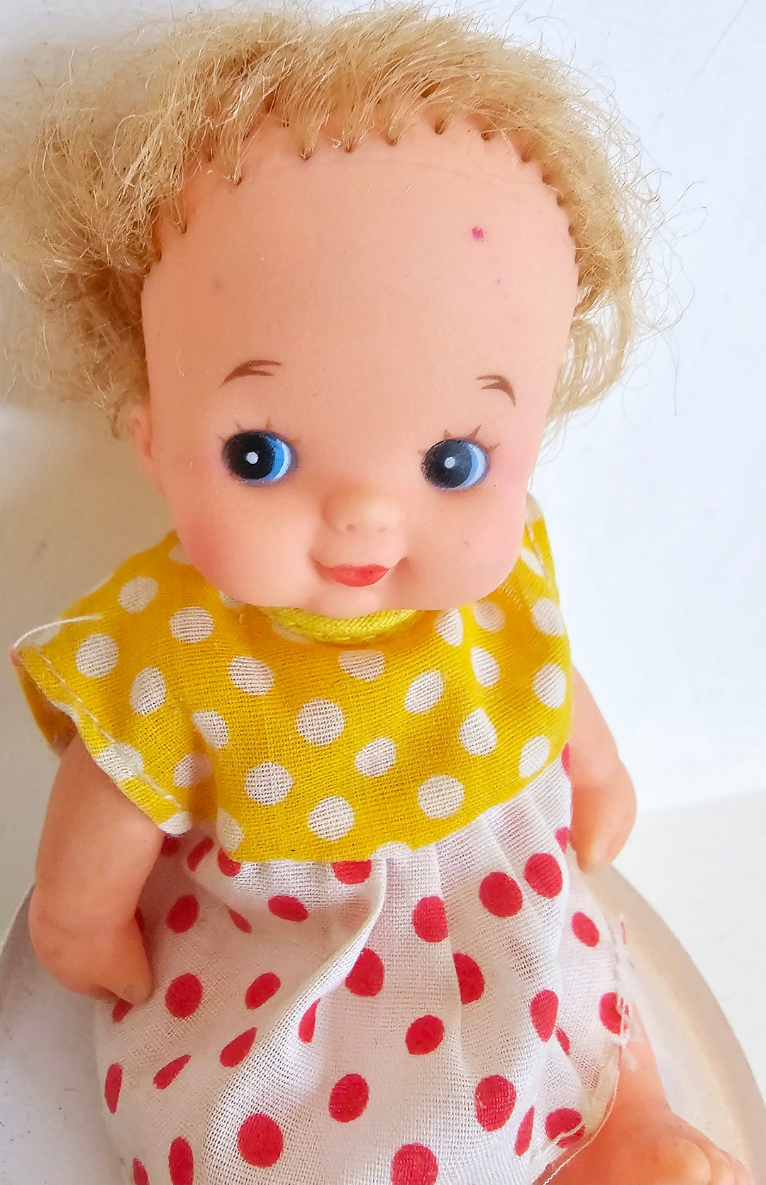 Vintage Kitsch 1960s Baby Doll Miniature Blonde Hair Polka Dot Dress ...