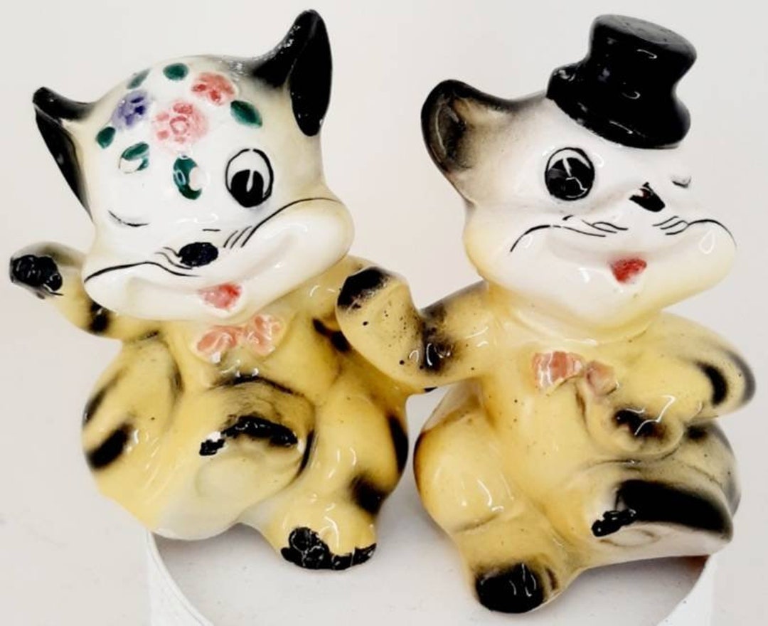 Vintage Lefton Style Ceramic Tiger Cat Figurines Salt Pepper Shaker ...