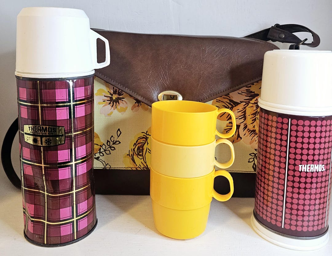 Vintage Thermos Brand Flask Set Floral Vinyl Carry Case Picnic Set Tea ...