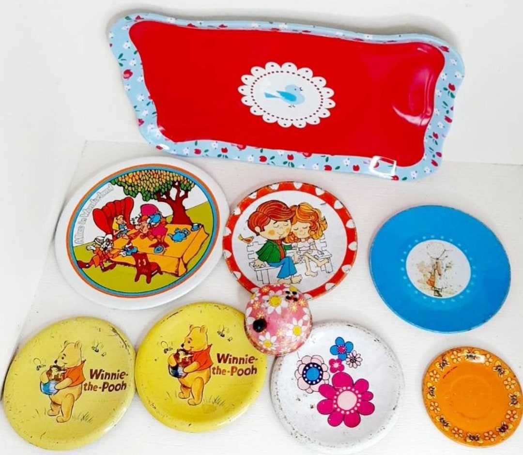 Vintage Enamel Tin Toy Tea Set Play Kitchen Tray Dishes Kettle Floral ...