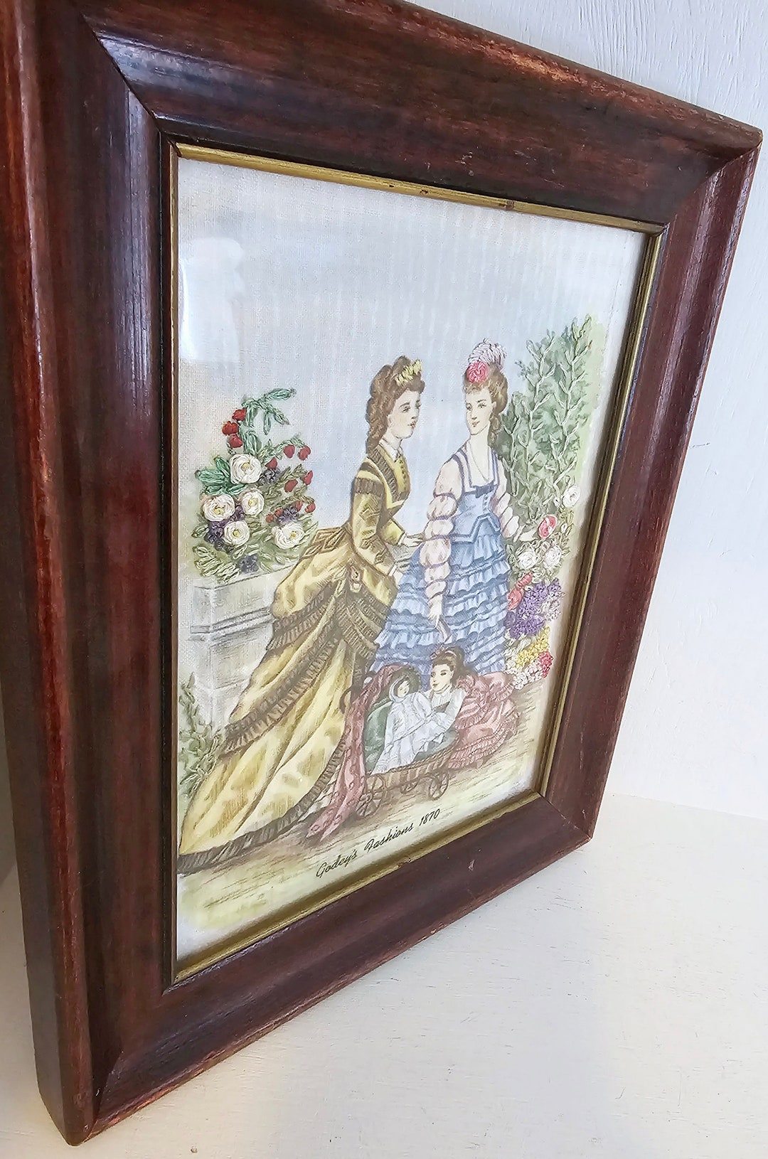 Vintage Fashion Illustration Embroidered Art Print Kitsch Wooden Framed ...