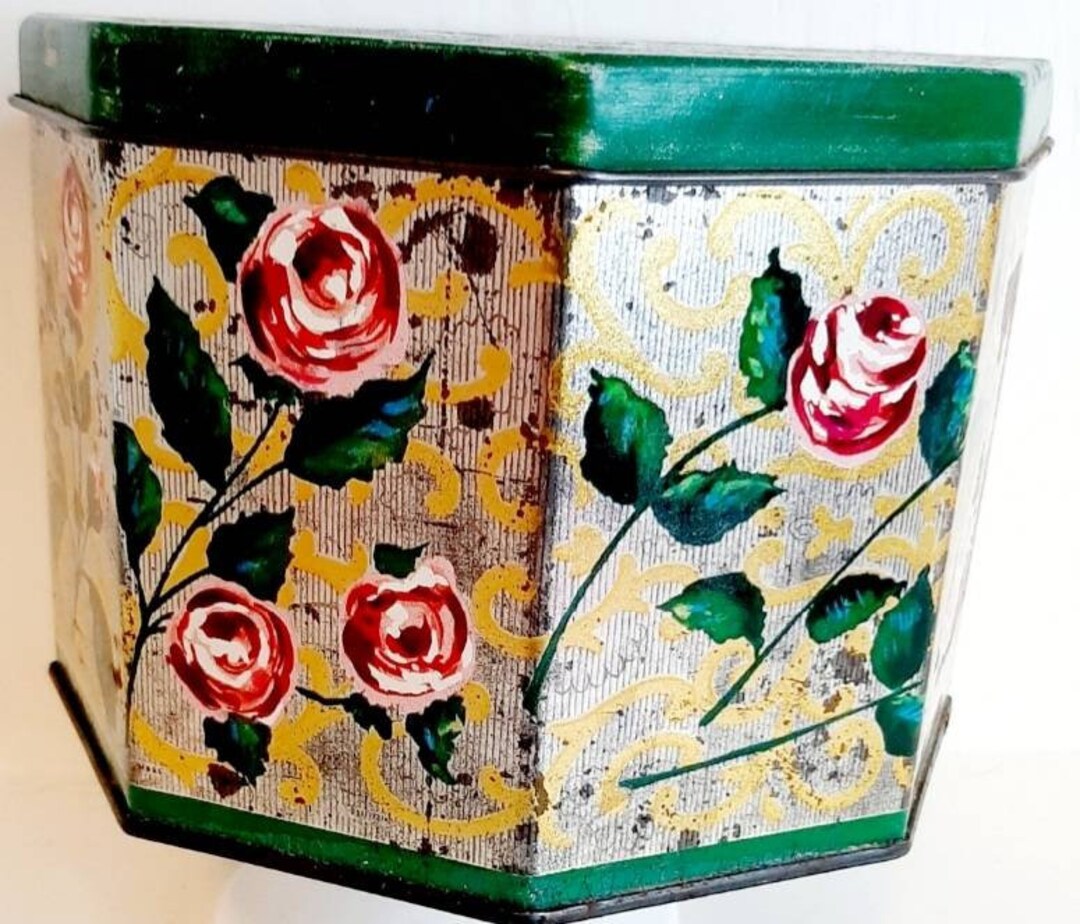 Vintage Kitsch Hentley and Palmers Biscuit Tin Pink Roses Green Trim ...