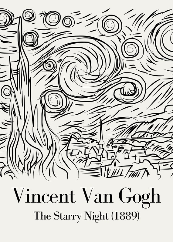 Starry Night Vincent Van Gogh Line Art Digital Printable | Etsy