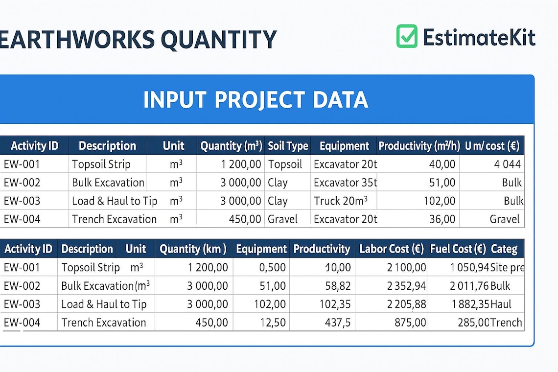 Earthworks Cost Estimator Excel Template | Excavation & Fill Quantity ...