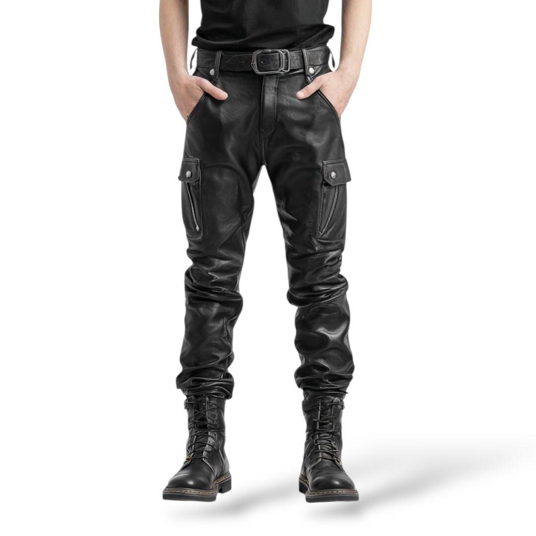 Men's Black Genuine Leather Motorcycle Pants With Thigh Cargo Pockets ...