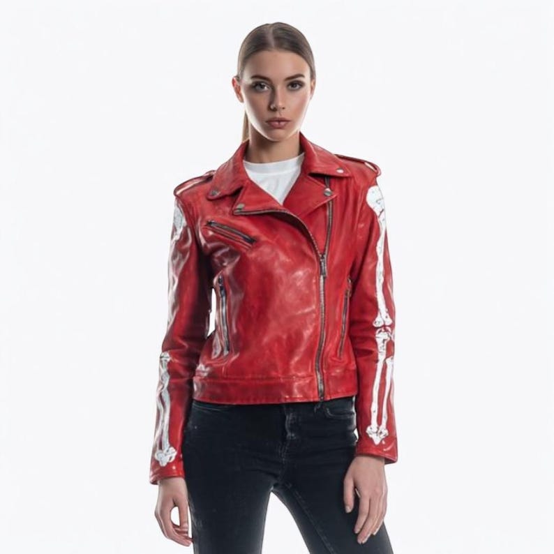 Handmade Red Skeleton Leather Jacket for Women – Gothic Punk Rock Biker ...