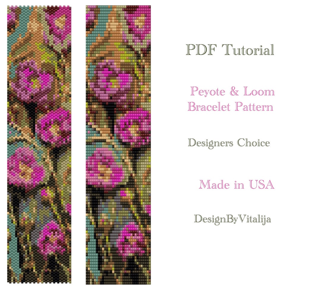 Pink Flower Abstract Peyote & Loom Pattern 2in1 Beaded Bracelet Digital ...