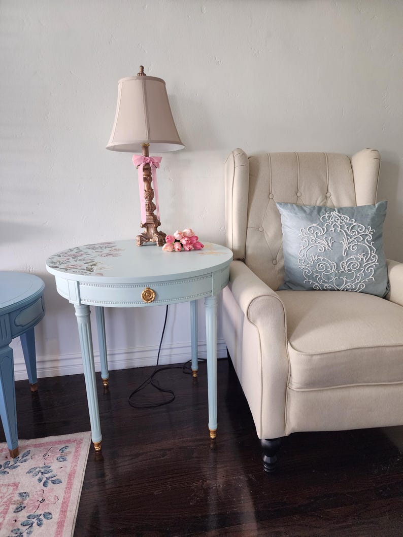Hand Painted Pastel Light Sky Blue English Country Accent Table With ...