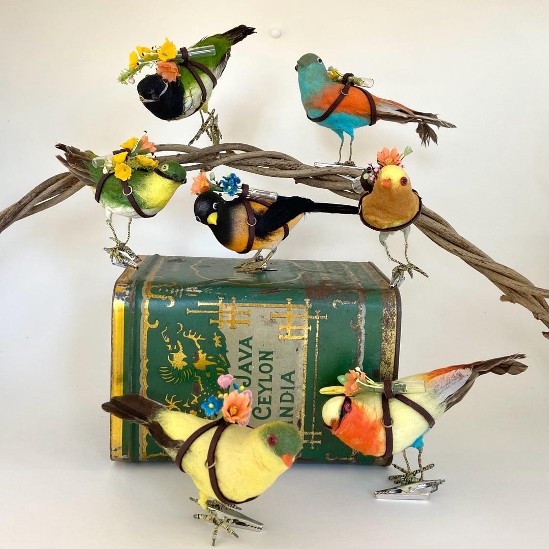 Vintage Spun Cotton Floral Delivery Bird Ornament. Assemblage Folk Art ...