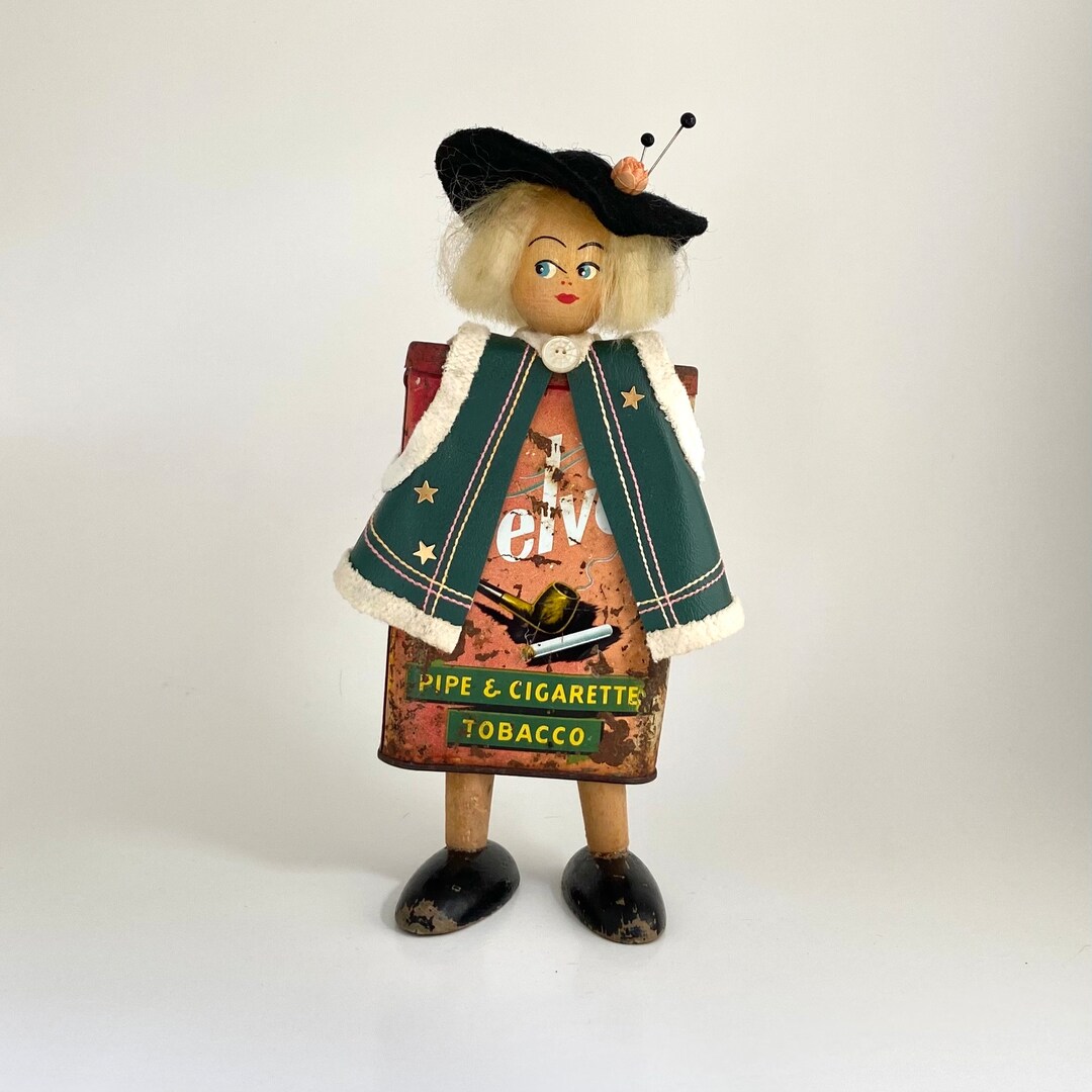 Art Doll Assemblage, Peg Doll and Vintage Advertising Art, Pipe and ...