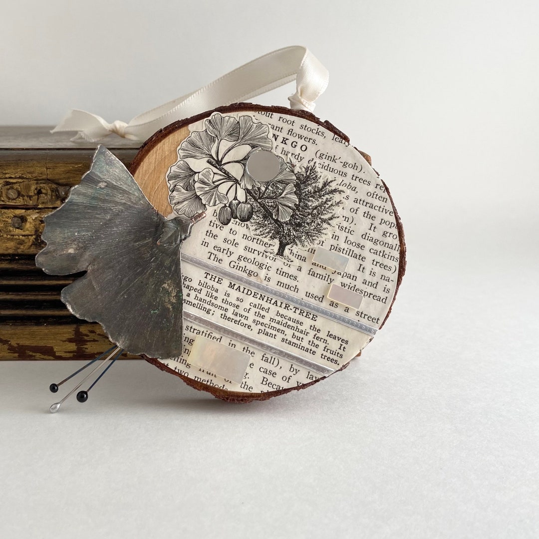 Ginko Biloba Tree Assemblage Art, Collage Ornament, Maidenhair Tree Art ...