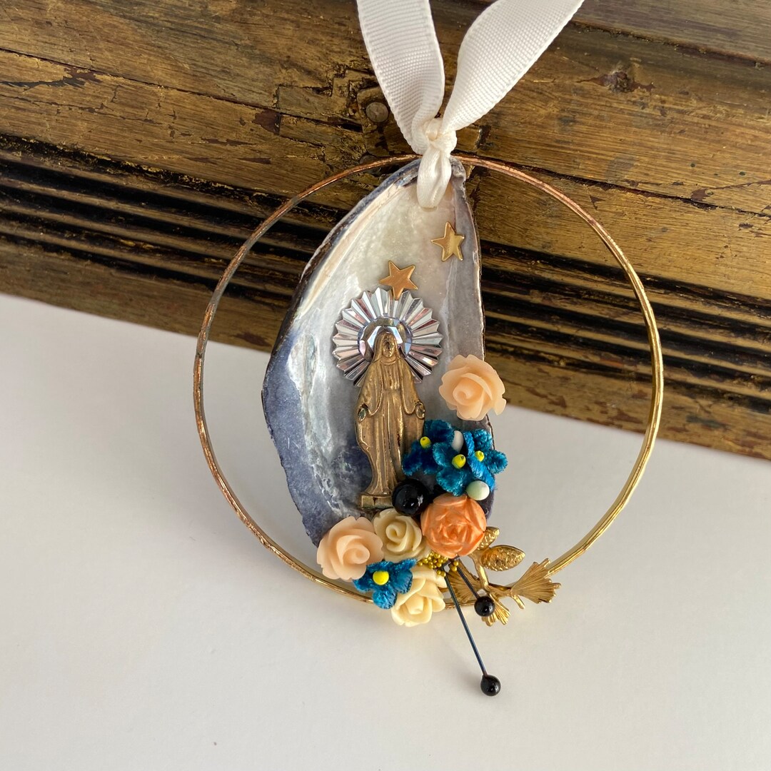 Mussel Shell Nicho Religious Art. Mother Mary Pocket Saint Assemblage ...