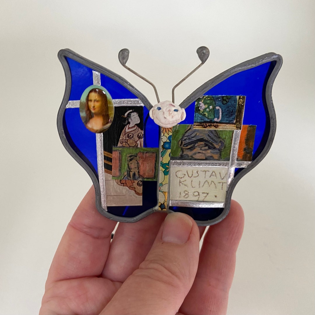 Blue Butterfly Stained Glass Art Collector Assemblage Art Collage ...