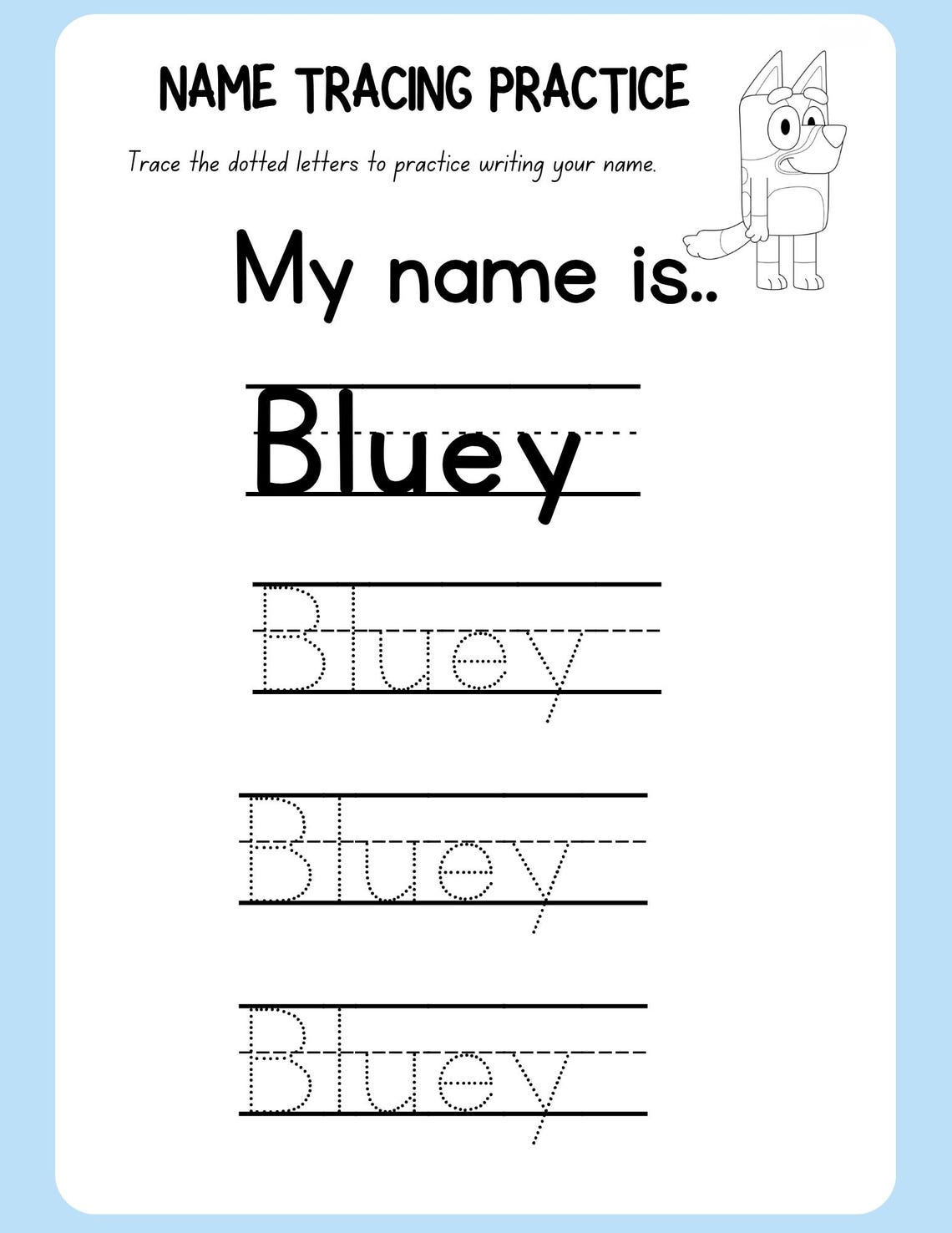 Bluey-inspired Name Tracing Sheet – Customizable Pre-k Worksheet ...