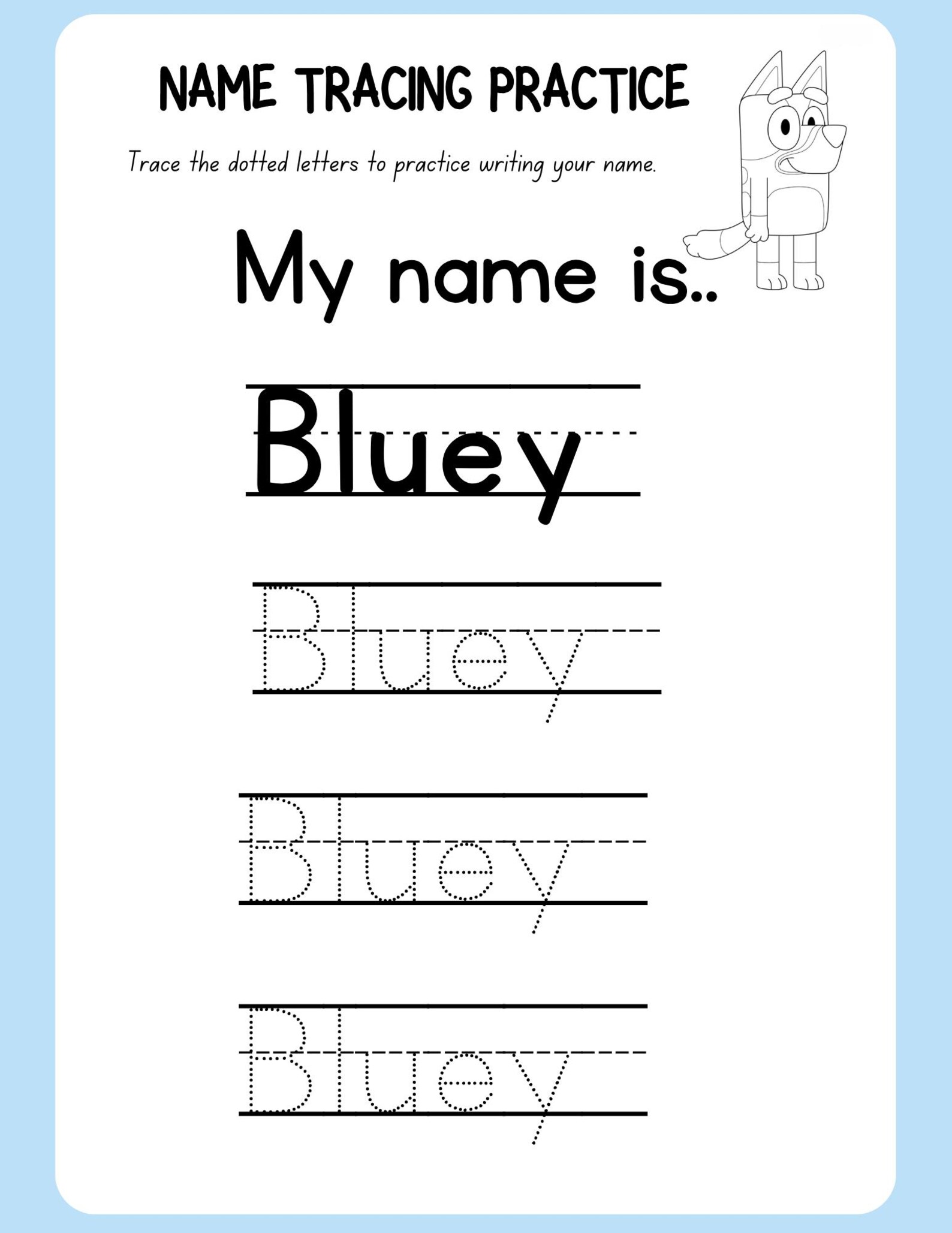 Bluey-inspired Name Tracing Sheet – Customizable Pre-k Worksheet ...