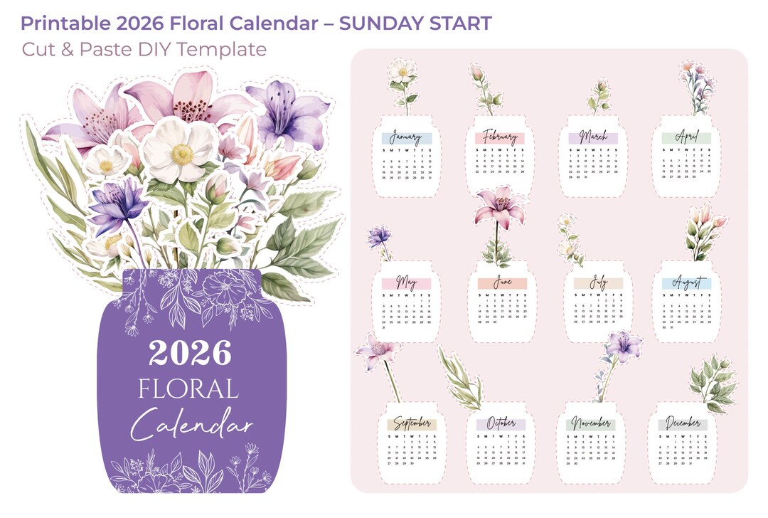 2026 Floral Calendar, DIY Cut & Paste Planner (digital Download A4 ...