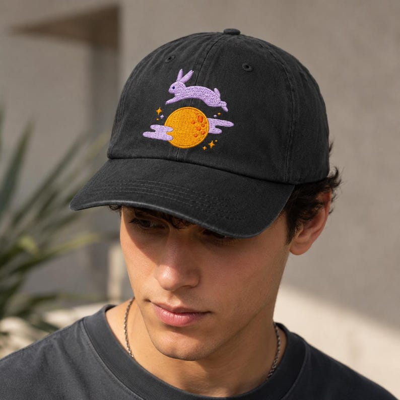 Embroidered Moon Rabbit Baseball Cap, Celestial Bunny Lunar Dad Hat - Etsy